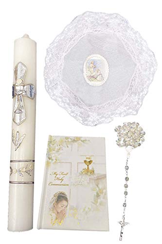 Lito First Communion Candle Set for Girls - White Silver Cross Candle Set Kit for Holy 1st Communion - English