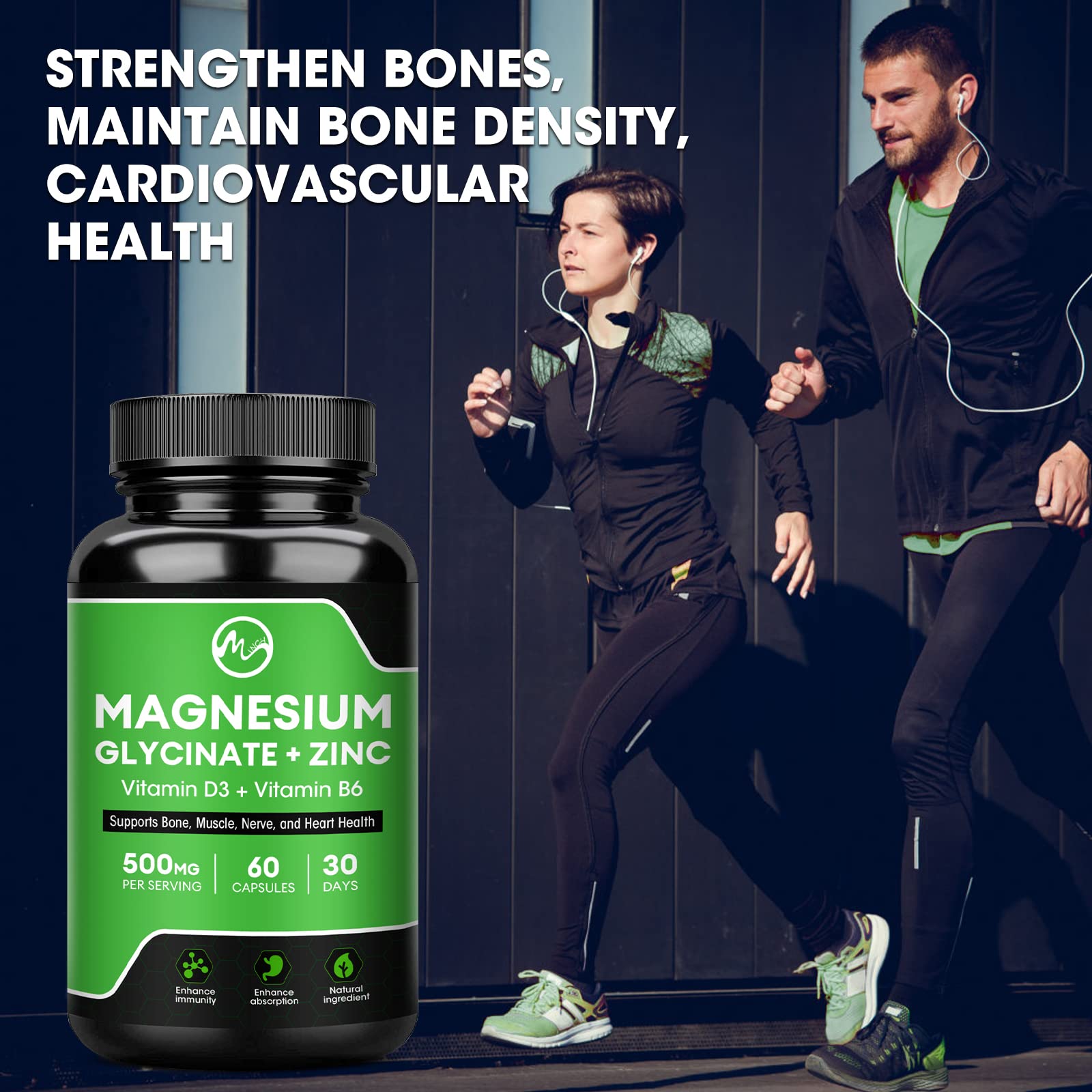 Magnesium Glycinate Capsules, Magnesium Glycinate Supplement with Magnesium Glycinate 500 mg, Zinc, Vitamin D3 & B6 - Promotes Nerve, Bowel, Relaxation Function - 60 Vegan Capsules