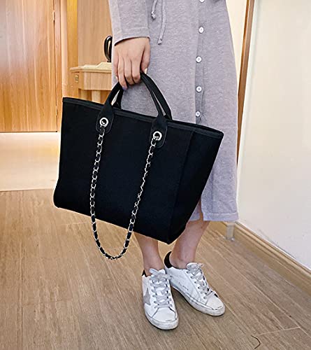 XACKWUERO Women Fashion Classic Canvas Bag Shoulder Handbag Tote Shopper Bag with Chain Shoulder Strap (A Grey)