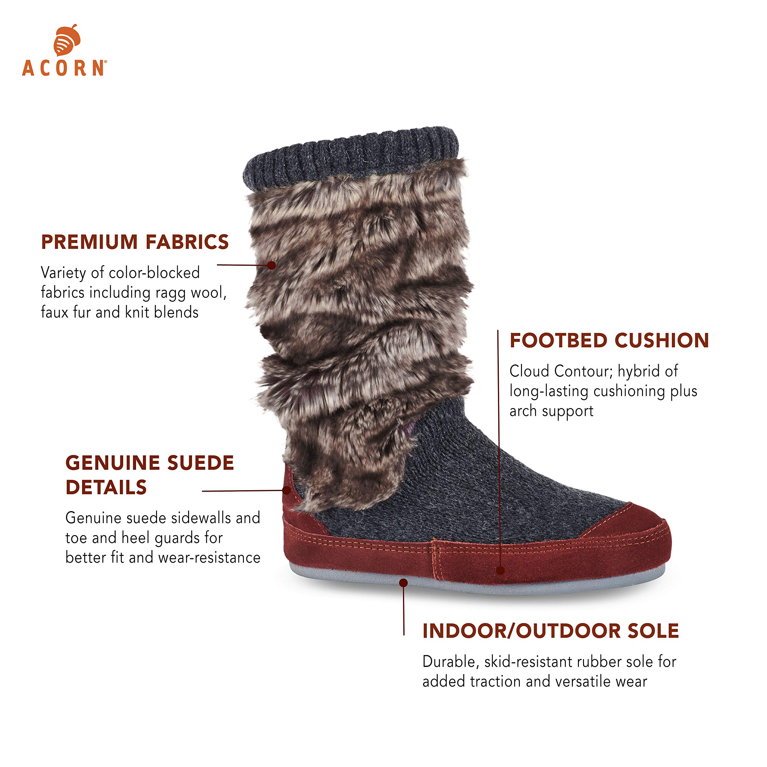 Acron Women's Mid-Calf Slouch Boot Slippers, Charcoal Faux Fur, 6.5-7.5