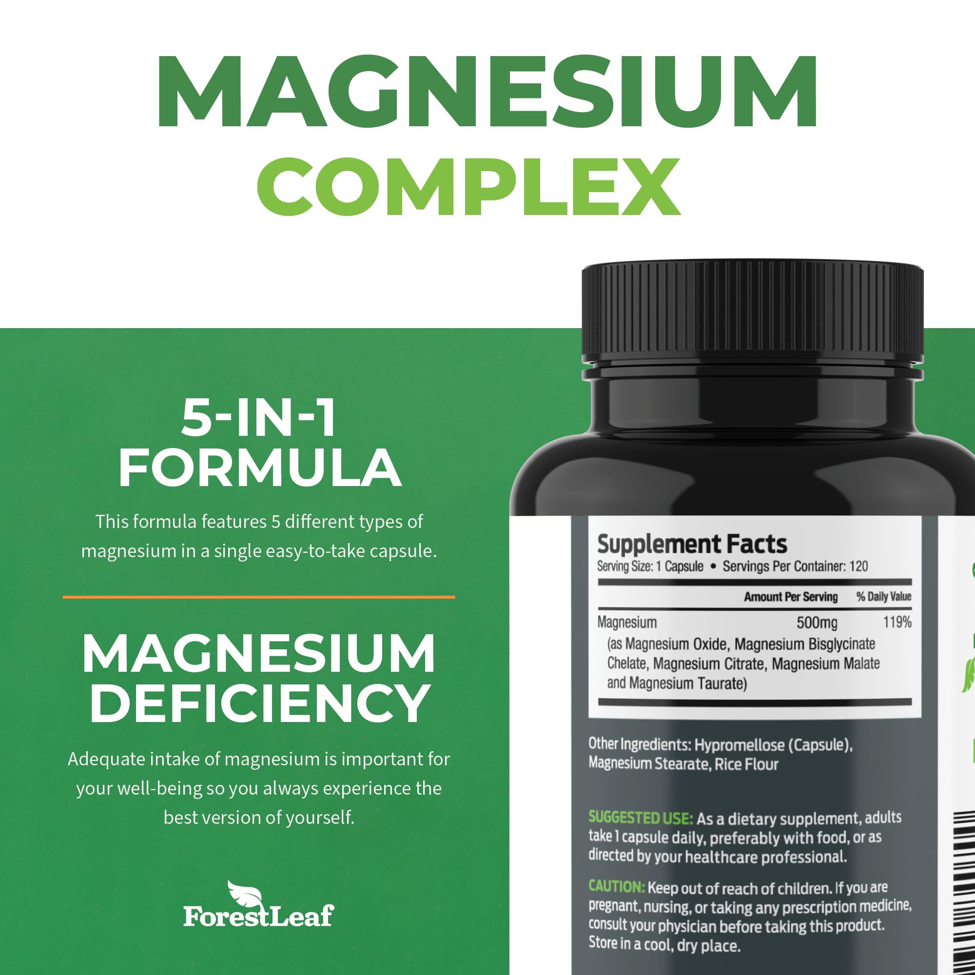 ForestLeaf Magnesium Complex 500mg - Magnesium 500mg Capsules - Magnesium Supplement 500 mg - Magnesium for Sleep, Magnesium for Constipation - Magnesium Supplement for Women (120 Ct)