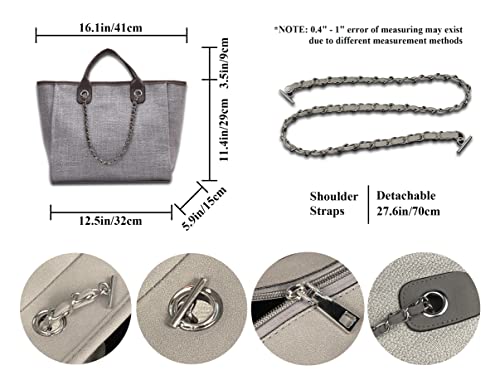 XACKWUERO Women Fashion Classic Canvas Bag Shoulder Handbag Tote Shopper Bag with Chain Shoulder Strap (A Grey)