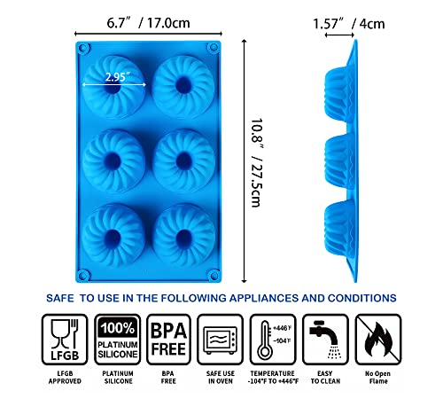Sidosir Mini Fluted Tube Cake Pan, 6Cavity Heritage Fluted Tube Cake Silicone Mold for Baking,Non Stick Fancy Molds for Fluted Tube Cake (Fluted Tube)