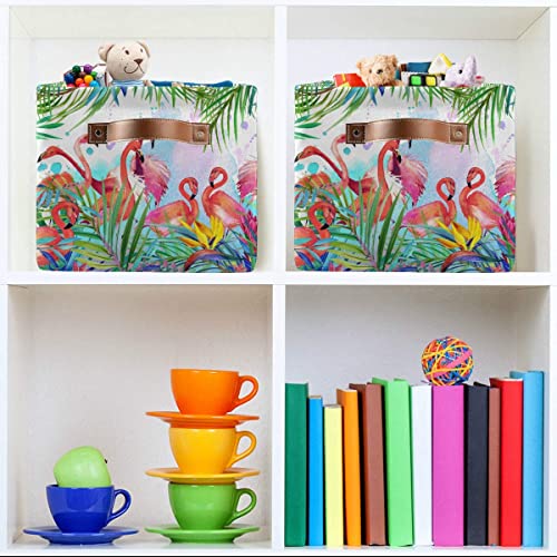 Storage Basket Tropical Flamingo Leaf Rectangle Foldable with Leather Handle Nursery Storage Bins Boxes Cube Organizer for Children Toys Books Clothes Home Bedroom