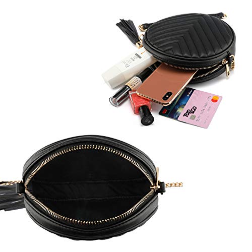 CHIC DIARY Small Crossbody Bags for Women Round Quilted Purse with Tassel Faxu Leather Shoulder bag (Black)