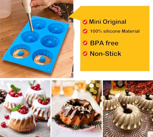 Sidosir Mini Fluted Tube Cake Pan, 6Cavity Heritage Fluted Tube Cake Silicone Mold for Baking,Non Stick Fancy Molds for Fluted Tube Cake (Fluted Tube)