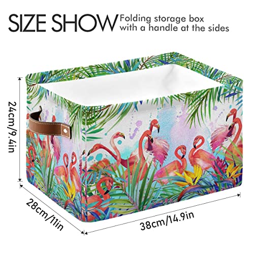 Storage Basket Tropical Flamingo Leaf Rectangle Foldable with Leather Handle Nursery Storage Bins Boxes Cube Organizer for Children Toys Books Clothes Home Bedroom