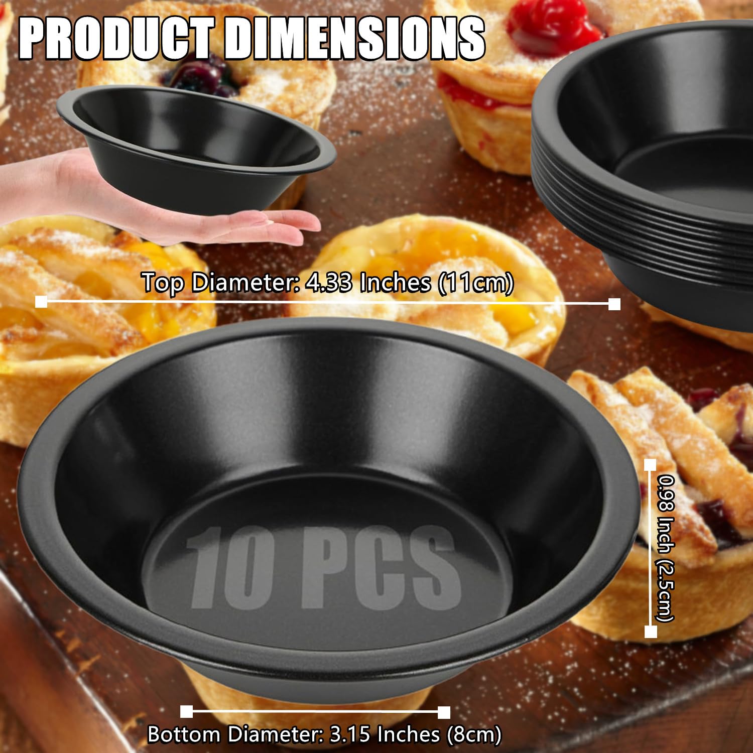 RHBLME 10 Pack Mini Pie Tins, 4 Inch Nonstick Small Pans, Carbon Steel Individual Pans for Baking Dessert, Fruit and Beef, Oven & Dishwasher Safe