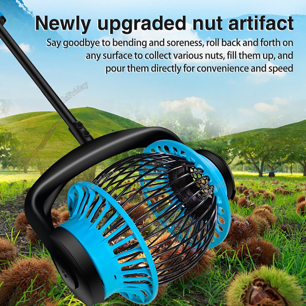 GEEZO Nut Gatherer, Acorn Picker Upper - Side Opening Dump | Pecan Picker Upper - Apply to Acorns, Hickory Nuts, Spiked Balls, Nerf Darts, Golf, Objects 3/4'' to 1-1/2''; 55 inch, 1 Gallon (Blue)