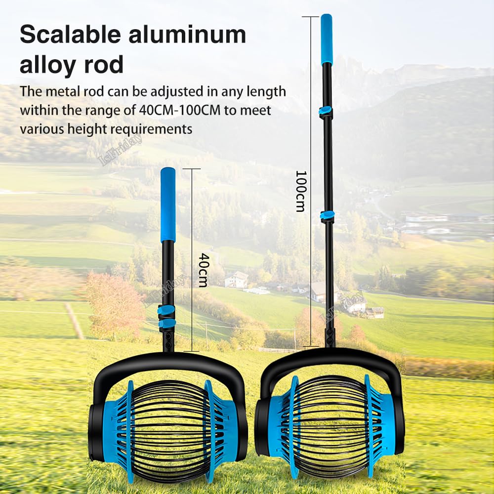 GEEZO Nut Gatherer, Acorn Picker Upper - Side Opening Dump | Pecan Picker Upper - Apply to Acorns, Hickory Nuts, Spiked Balls, Nerf Darts, Golf, Objects 3/4'' to 1-1/2''; 55 inch, 1 Gallon (Blue)