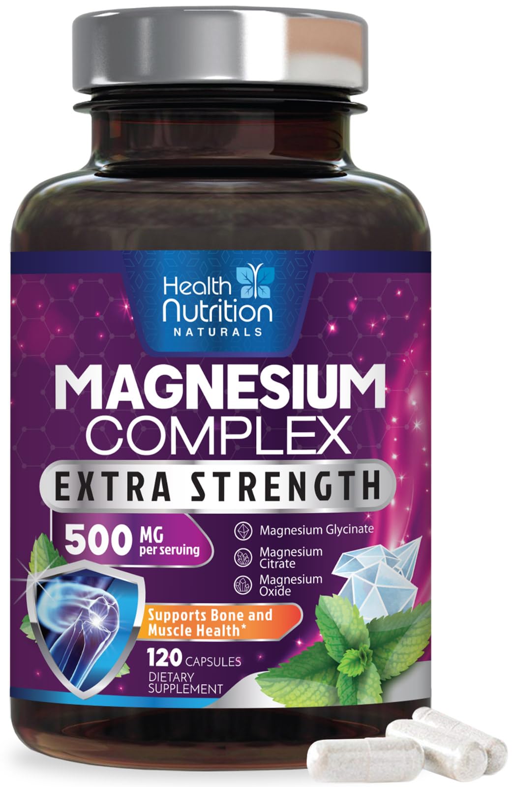 Magnesium Citrate Capsules 500mg with Glycinate, Oxide, Malate, Citrate - for Muscle, Nerve, Bone and Heart Health Support - High Absorption Citrate Complex, Gluten Free, Non-GMO - 120 Capsules