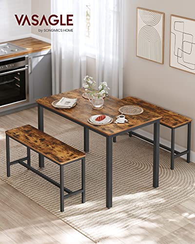 VASAGLE Dining Table Set, Bar Table with 2 Dining Benches, Kitchen Table Counter with Chairs, Industrial for Kitchen Breakfast Table, Living Room, Party Room, Rustic Brown and Black UKDT070B01