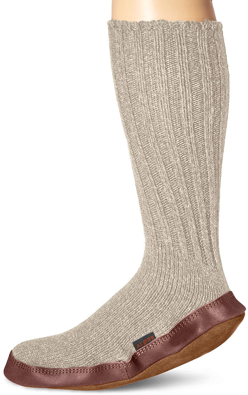 Acorn Unisex Slipper Socks, Flexible Cloud Cushion Footbed with a Suede Sole, Mid-Calf Length, Light Grey Ragg Wool, 11-12 US Women