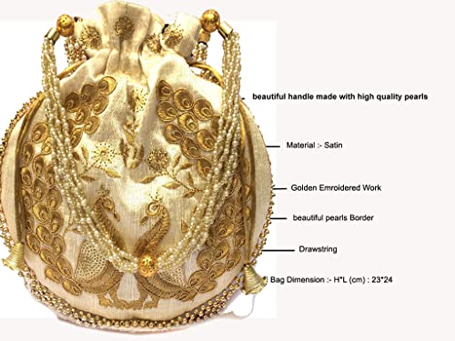 Indian Ethnic Designer Embroidered Silk Potli Bag Batwa Pearls Handle Purse Clutch Purse for Women Evening Party (White)