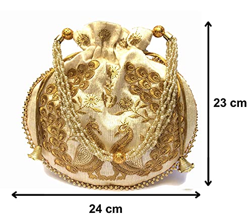 Indian Ethnic Designer Embroidered Silk Potli Bag Batwa Pearls Handle Purse Clutch Purse for Women Evening Party (White)