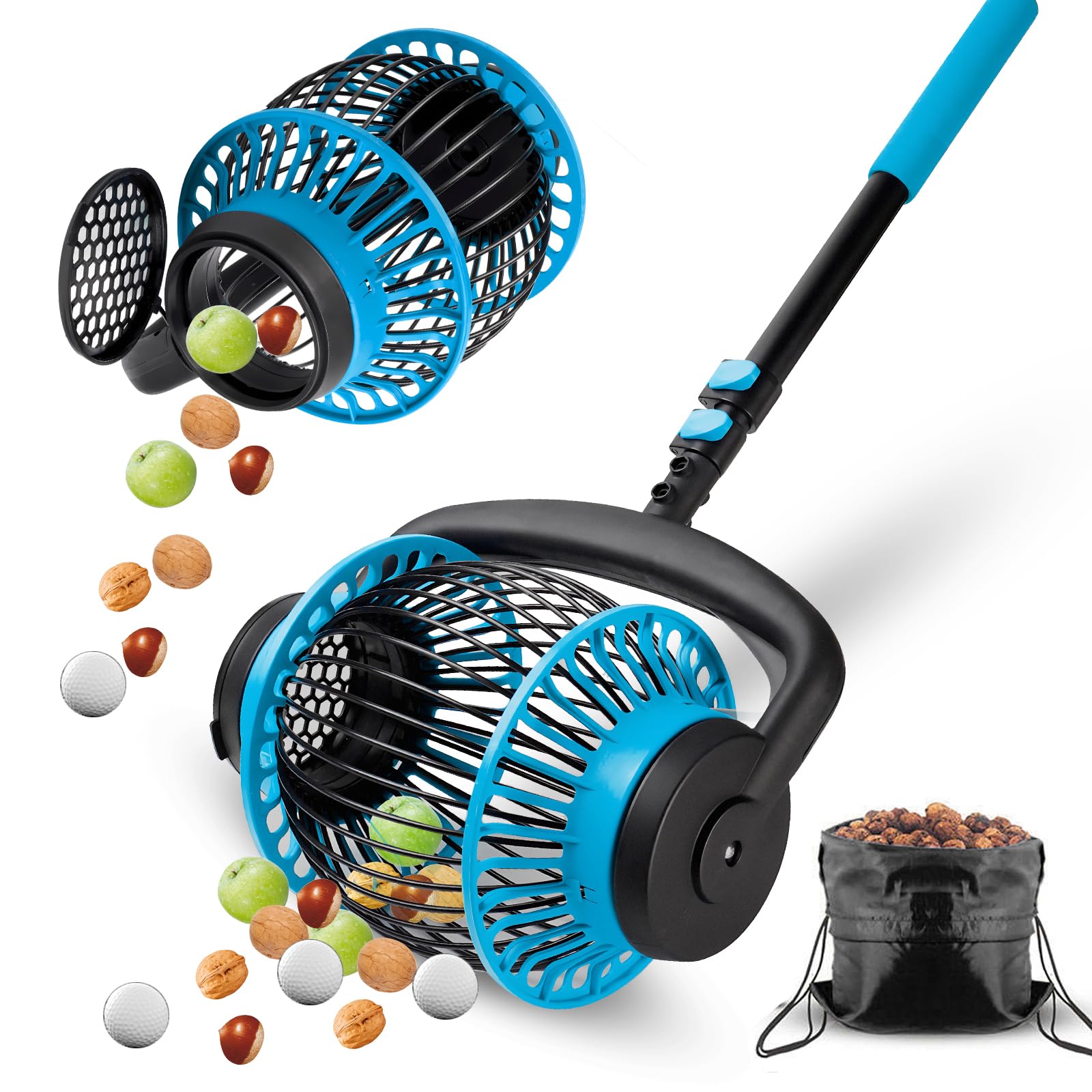 GEEZO Nut Gatherer, Acorn Picker Upper - Side Opening Dump | Pecan Picker Upper - Apply to Acorns, Hickory Nuts, Spiked Balls, Nerf Darts, Golf, Objects 3/4'' to 1-1/2''; 55 inch, 1 Gallon (Blue)