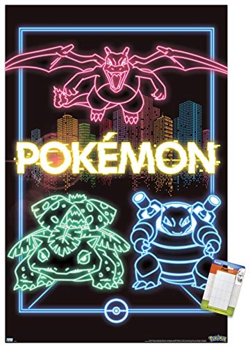 Trends International Pokémon - Neon Group Wall Poster, 22.375" x 34", Poster & Mount Bundle