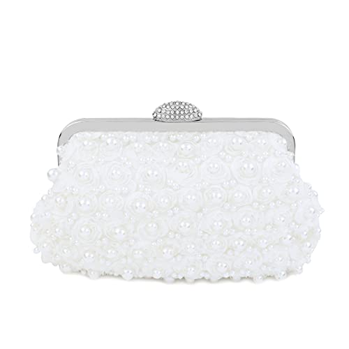 Carwales Women Pearl Clutch Flower Evening Bag Pearl Purse for Women Evening Wedding Dance Prom Bridal Handbags(White)