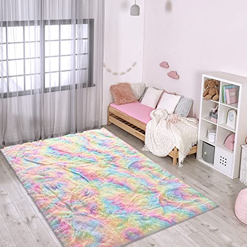 Beglad Soft Rainbow Fluffy Area Rug Modern Shaggy Colorful Bedroom Rugs for Kids Room Extra Comfy Nursery Rug Floor Carpets Boys Girls Fuzzy Shag Fur Home Decor Rug, 3 ft x 5 ft