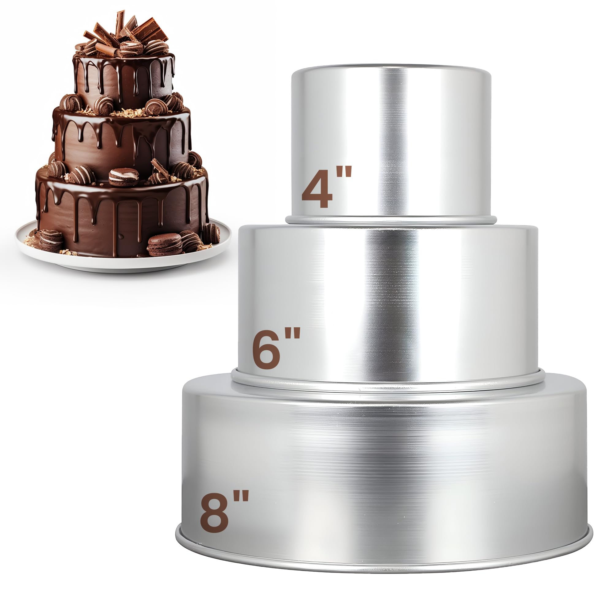Aunt Shannon's Kitchen Tall Round Cake Pans - 4-inch, 6-inch, 8-inch Cake Pan Set for 3-Tiered Cake - Aluminum Cake Pans Sets for Baking Wedding or Birthday Cakes and More