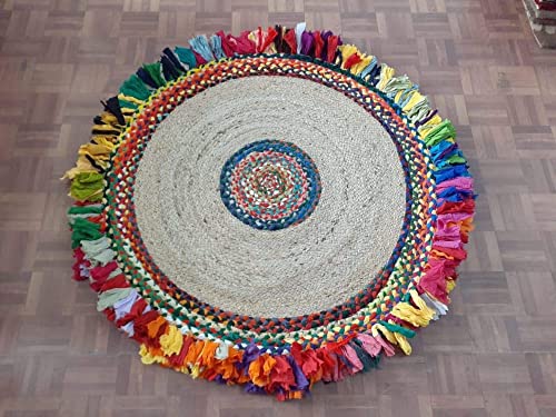 Devik Decor Braided Boho Natural Cotton Chindi & Jute Rugs Reversible Non Slip Carpet Round Area Rug for Farmhouse Living Room Bedroom Kitchen Outdoor Mate, AR02 (3FT_Round (36 Inches X 36 Inches))