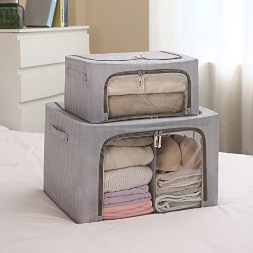 Foldable Clothes Storage Bins 2 Pack, Stackable Metal Frame Clothing Storage Box, Oxford Fabric Organizer Set with Clear Windows&Sturdy Carry Handles(22L,Light Grey)