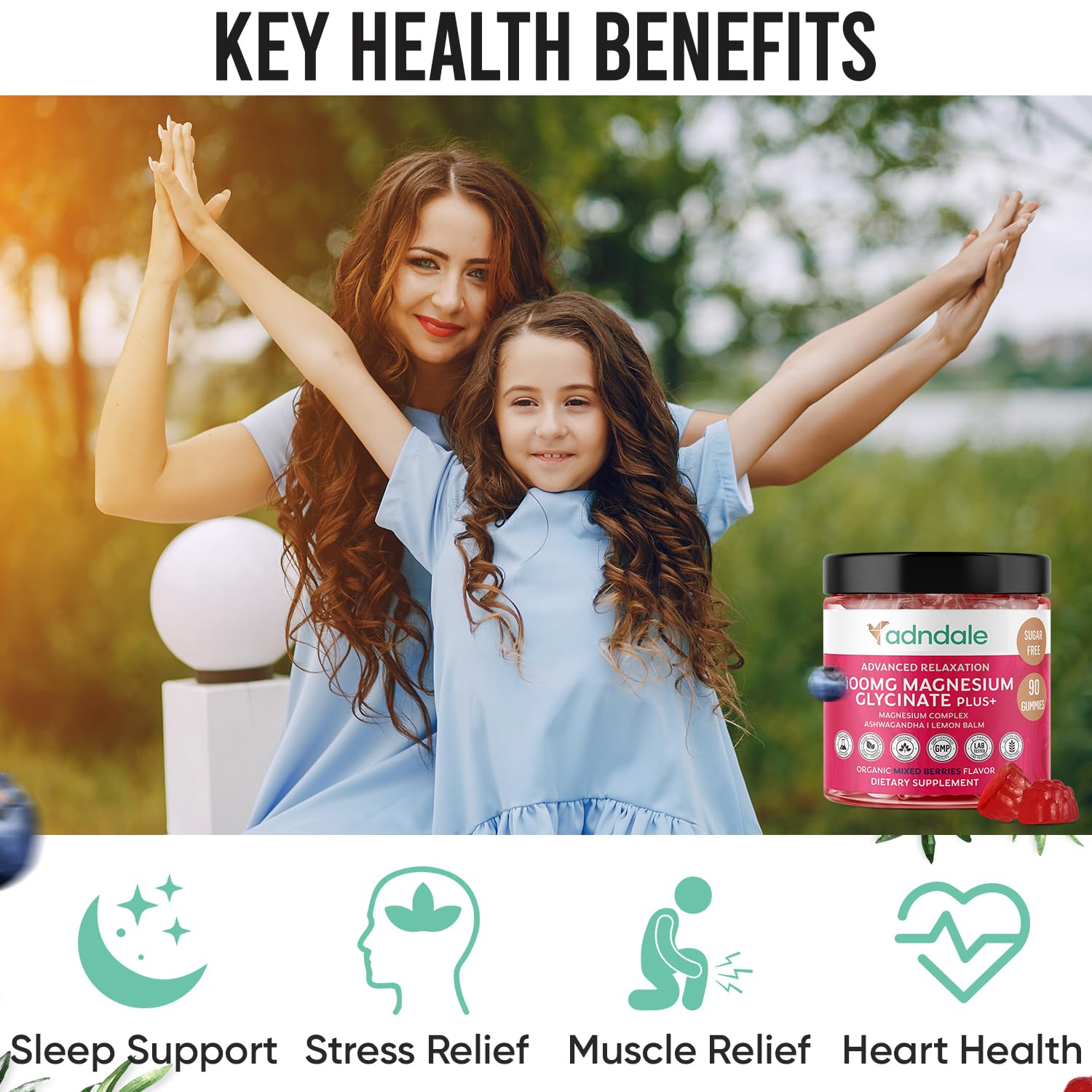 90 CT Magnesium Glycinate Gummies 400 mg/Serv - with Ashwagandha, Magnesium Malate & Taurate - Sugar Free Chews for Adults & Kids Relaxation, Stress Relief, Night Rest, Muscle & Cardio Support