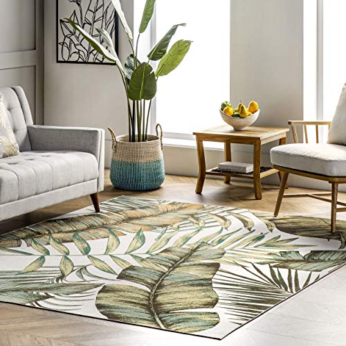 nuLOOM Elen Machine Washable Natural Leaves Area Rug, 5' x 8', Olive