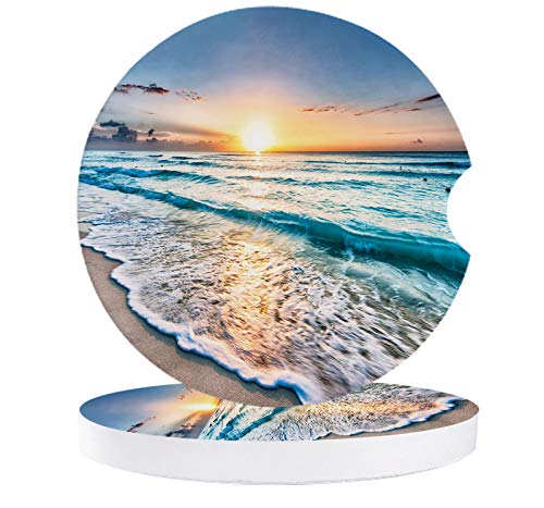 Small Car Coasters for Cup Holders 2.65" Absorbent 2 Pack Car Coaster Ceramic Stone for Drinks Absorb Water Drops Ocean Theme Sand Beach Wave Sea Water Pattern
