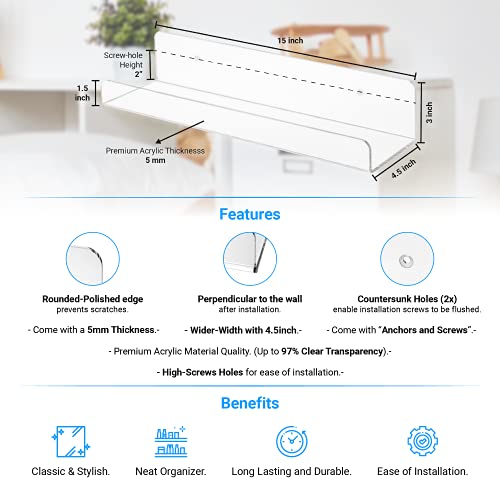 Acrylic Floating Shelves - Premium Grade 97% Clear Acrylic Wall Shelf, Displaying Great Moments On Picture Ledge Shelf, Vinyl Record Wall Mount Shelves, Clear Book Shelves, 50% Thicker. (Set of 2)