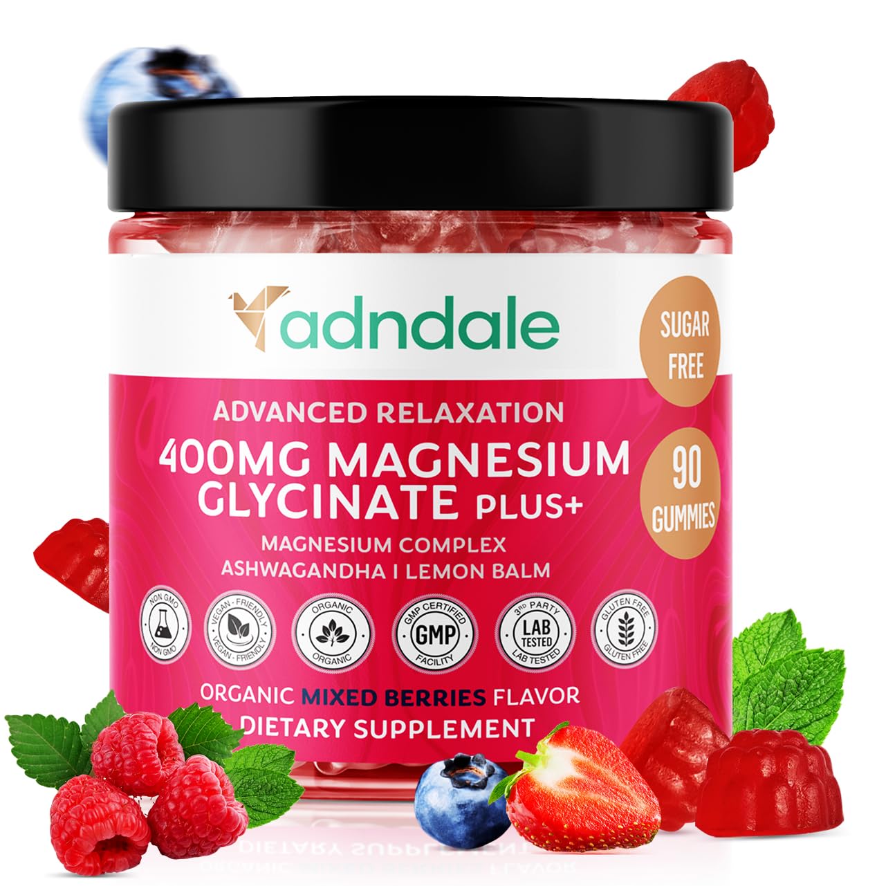 90 CT Magnesium Glycinate Gummies 400 mg/Serv - with Ashwagandha, Magnesium Malate & Taurate - Sugar Free Chews for Adults & Kids Relaxation, Stress Relief, Night Rest, Muscle & Cardio Support