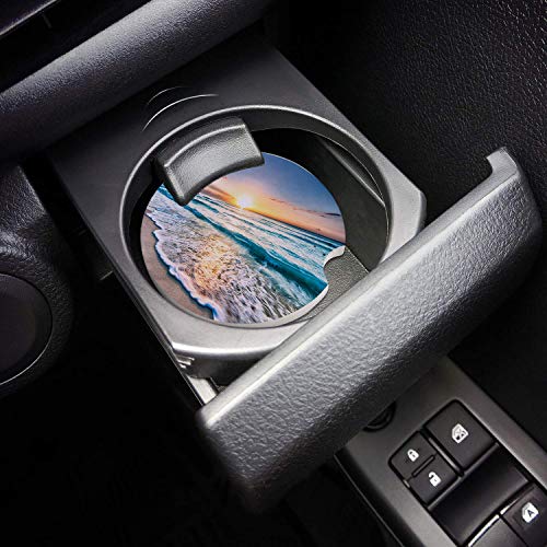 Small Car Coasters for Cup Holders 2.65" Absorbent 2 Pack Car Coaster Ceramic Stone for Drinks Absorb Water Drops Ocean Theme Sand Beach Wave Sea Water Pattern