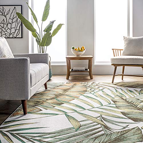 nuLOOM Elen Machine Washable Natural Leaves Area Rug, 5' x 8', Olive