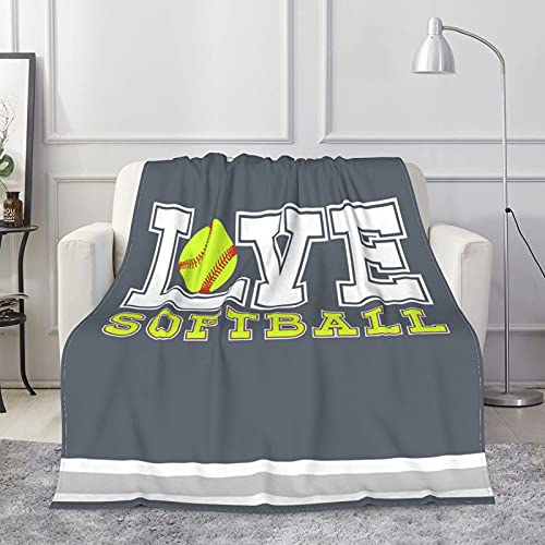 Flannel Softball Blanket for Bed Couch Sofa,I Love Softball on Grey Throw Blanket,Soft Cozy Plush Warm Fuzzy Sport Theme Softball Gift Decor Blanket for Adults Teens Kids 50"x40"