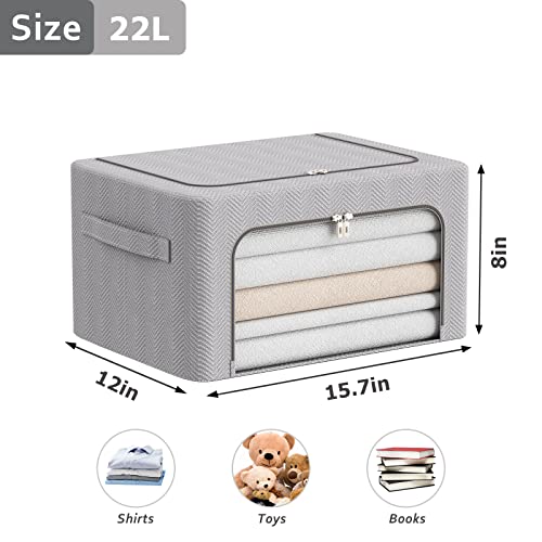 Foldable Clothes Storage Bins 2 Pack, Stackable Metal Frame Clothing Storage Box, Oxford Fabric Organizer Set with Clear Windows&Sturdy Carry Handles(22L,Light Grey)