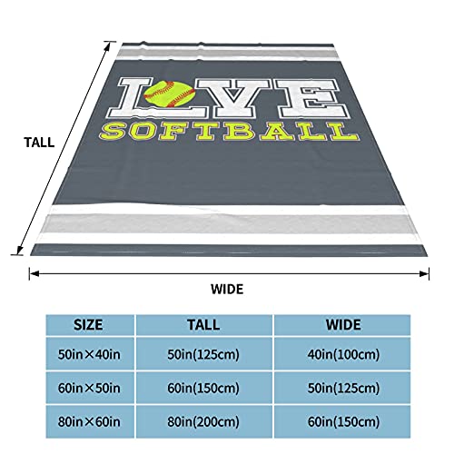 Flannel Softball Blanket for Bed Couch Sofa,I Love Softball on Grey Throw Blanket,Soft Cozy Plush Warm Fuzzy Sport Theme Softball Gift Decor Blanket for Adults Teens Kids 50"x40"