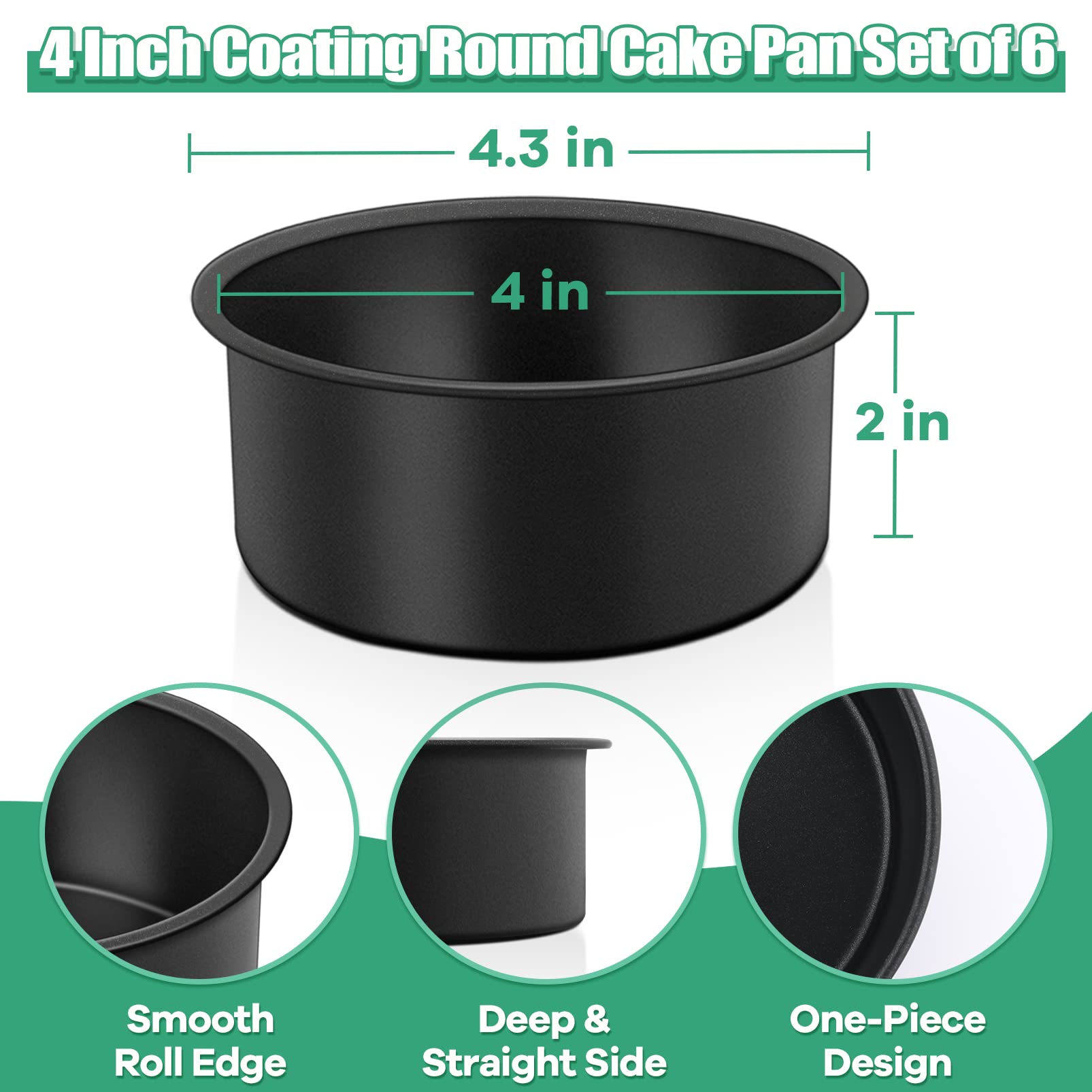 TeamFar 4 Inch Cake Pan, 6pcs Mini Round Baking Layer Cake Pan, with Non-Stick Coating Stainless Steel Core for Birthday, Party, Wedding, Healthy & Heatproof, Release Easily & Easy Clean