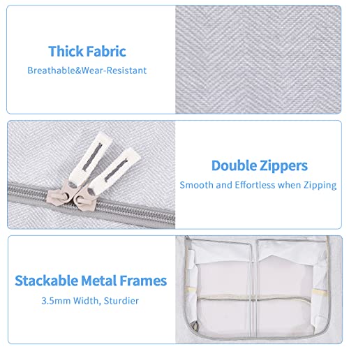 Foldable Clothes Storage Bins 2 Pack, Stackable Metal Frame Clothing Storage Box, Oxford Fabric Organizer Set with Clear Windows&Sturdy Carry Handles(22L,Light Grey)