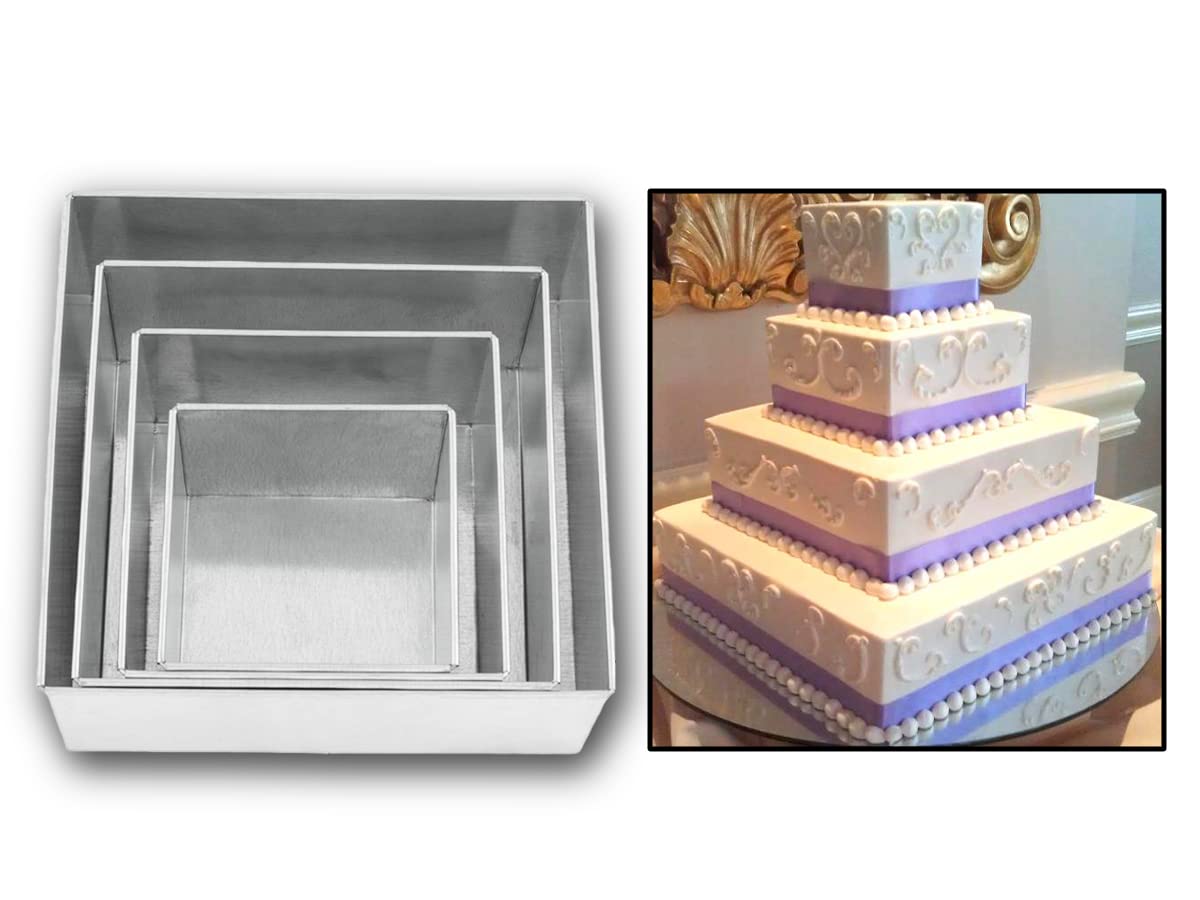 4 Tier Square Baking Pan Set Multilayer Birthday/Wedding Anniversary Cake Tins/Cake Pans/Cake Molds 6".8".10".12" - All 3" Deep