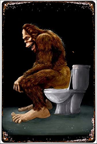 Bigfoot Sitting On Toilet Funny Retro Metal Tin Sign, Vintage Bathroom Toilet Decoration Metal Poster Plaque for Home Bar Restaurant Cafe Wall Decor 8x12 Inch