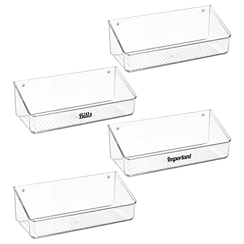 mDesign Wall Mount Storage Organizer Tray Bin - Modern Plastic Wide Hanging Shelf Basket for Walls/Doors in Office - 4 Pack + 32 Adhesive Labels - Clear