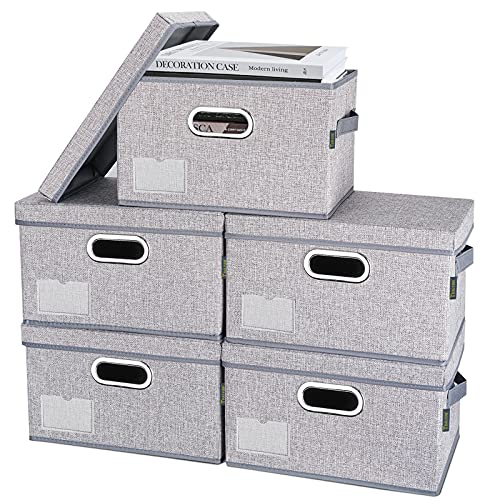 BALEINE Storage Bins with Lids, Foldable Linen Fabric Storage Boxes with Lids, Collapsible Closet Organizer Containers with Cover for Home Bedroom Office (5pack Gray Medium)