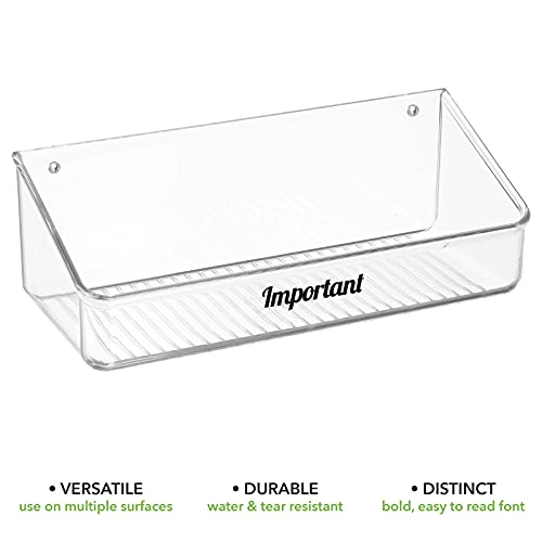 mDesign Wall Mount Storage Organizer Tray Bin - Modern Plastic Wide Hanging Shelf Basket for Walls/Doors in Office - 4 Pack + 32 Adhesive Labels - Clear