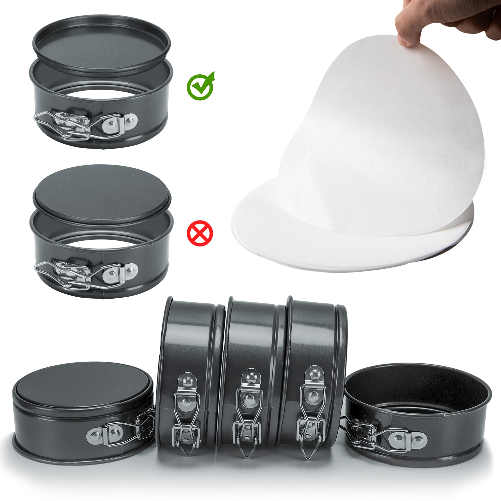 ZETEMC 4.5 Inch Mini Springform Pan, Set of 5 With 100pcs Wax Paper, Small Nonstick Cake Pan for Mini Cheesecakes, Pizzas and Quiches