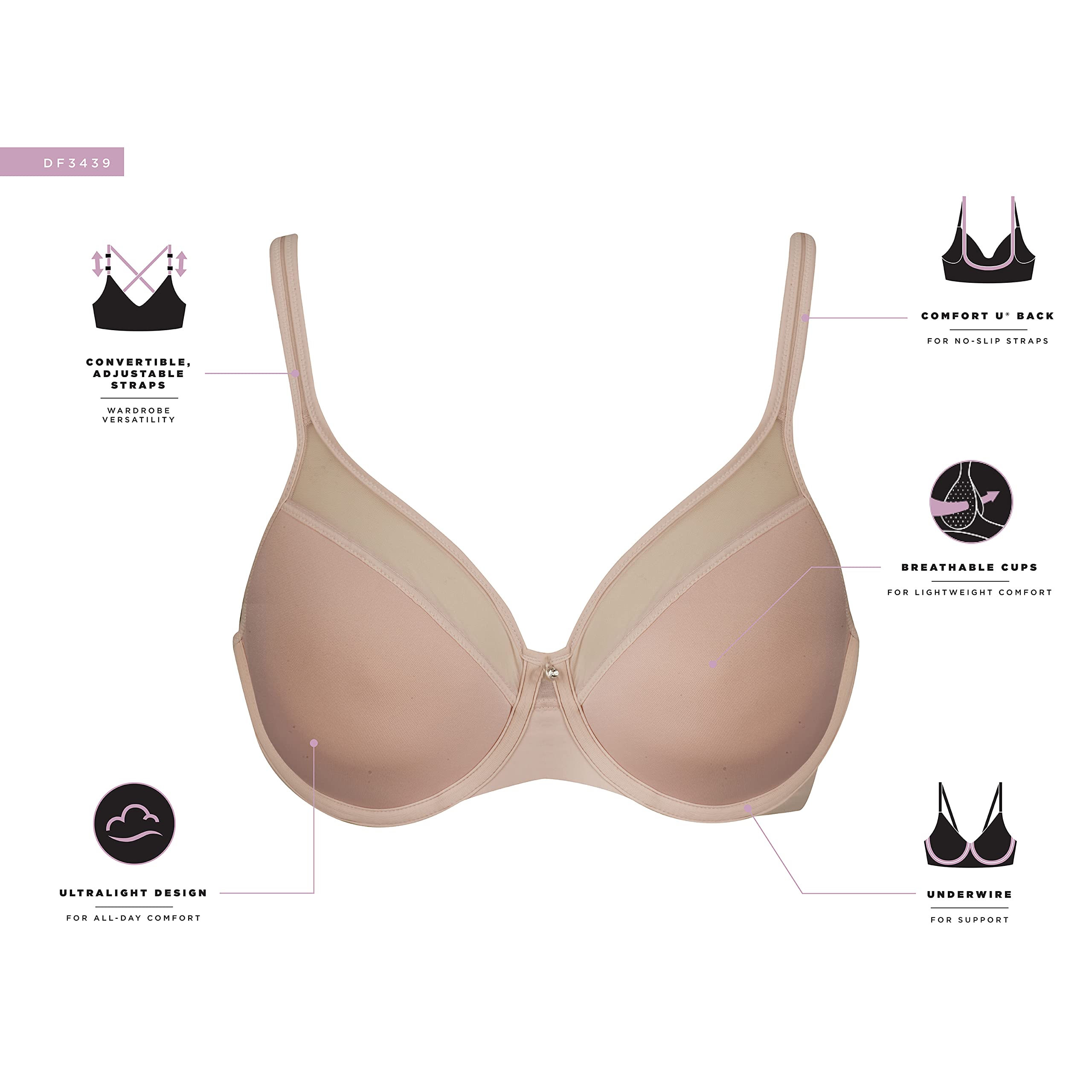 Bali Women's One Smooth U Ultra Light Illusion Neckline Underwire Bra, Black,38DD