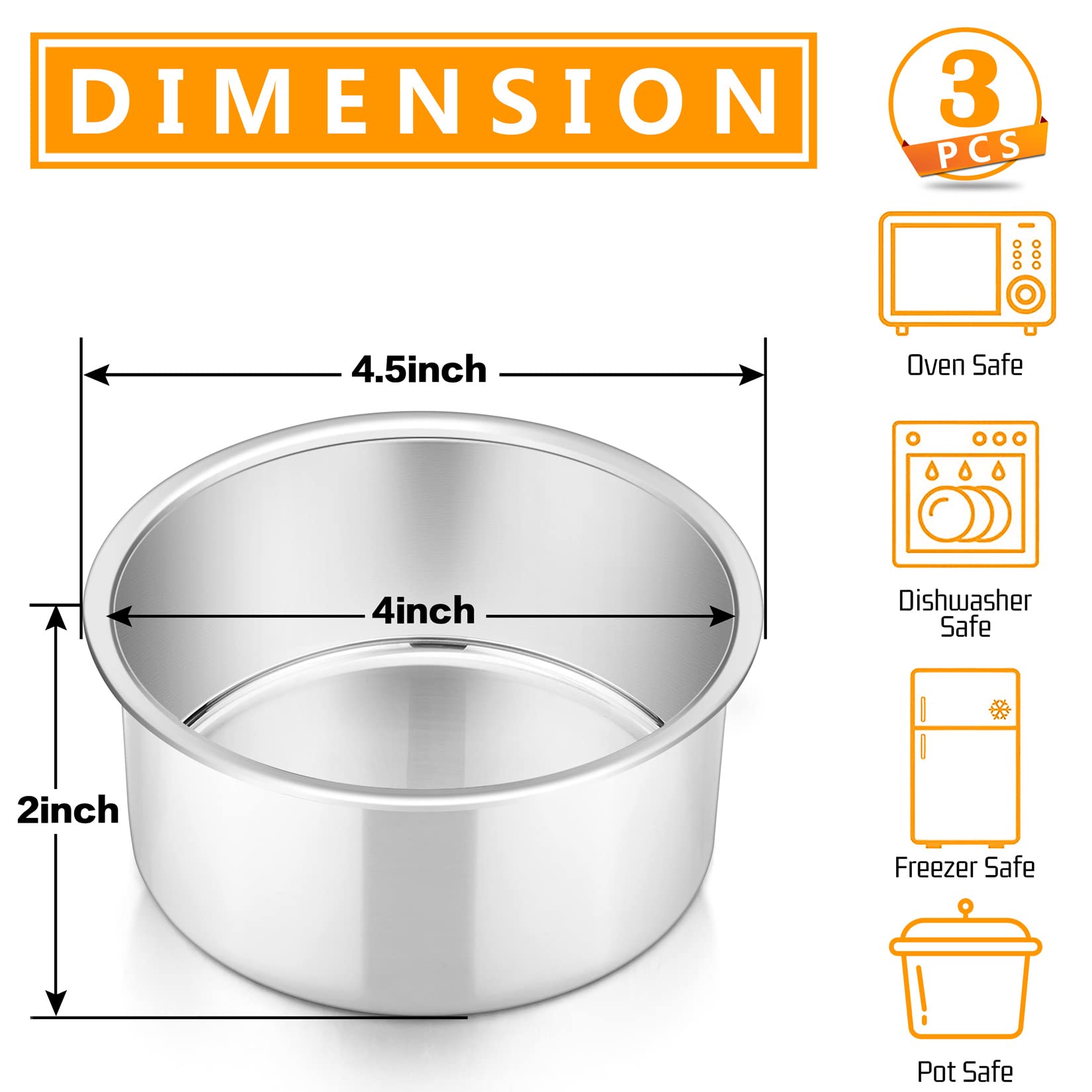 4 Inch Cake Pan Set of 3, P&P CHEF Small Stainless Steel Round Baking Layer Pans Bakeware for Mini Cake Pizza Bread, Non Toxic & Healthy, Leakproof & Easy Clean, Mirror Finish & Easy Releasing