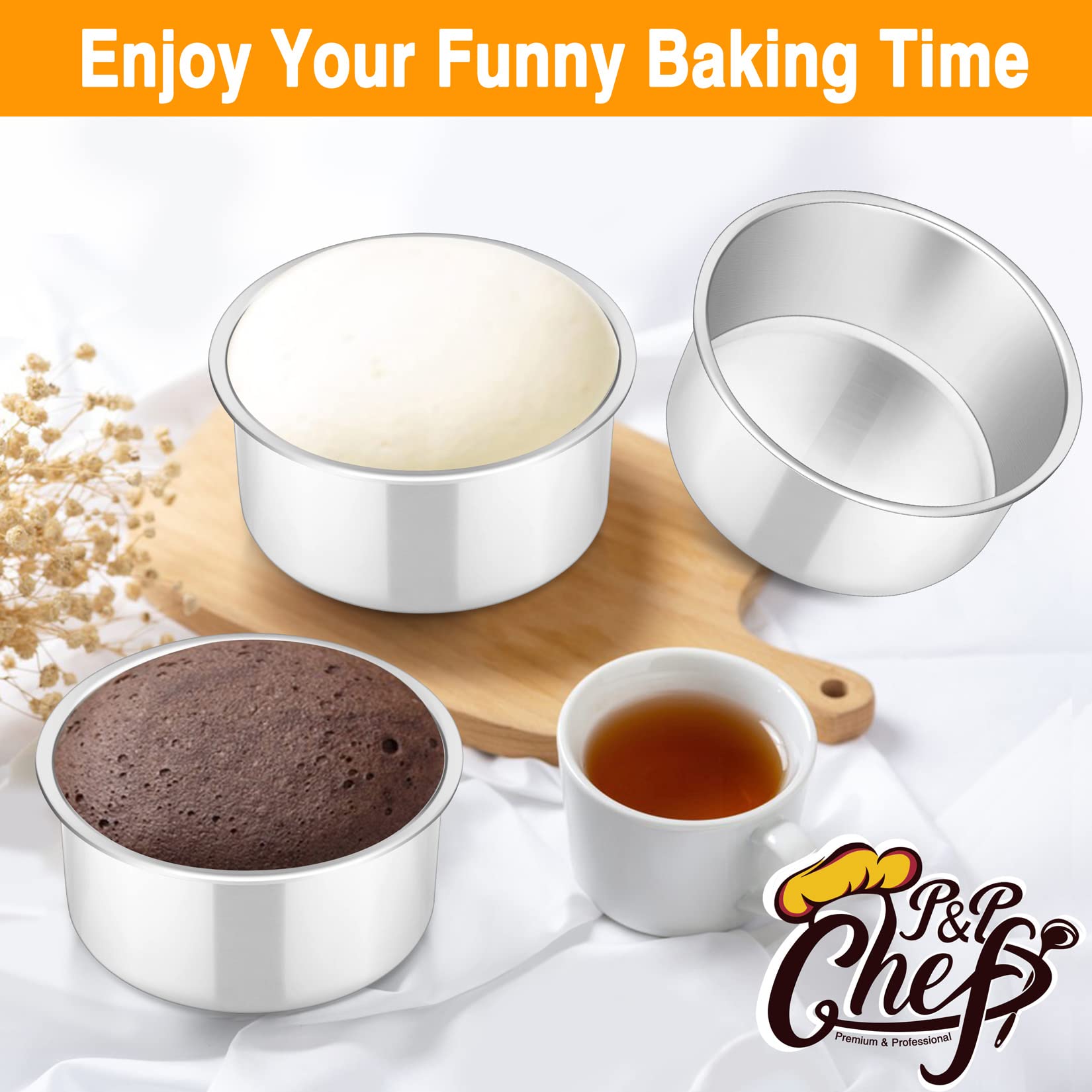 4 Inch Cake Pan Set of 3, P&P CHEF Small Stainless Steel Round Baking Layer Pans Bakeware for Mini Cake Pizza Bread, Non Toxic & Healthy, Leakproof & Easy Clean, Mirror Finish & Easy Releasing