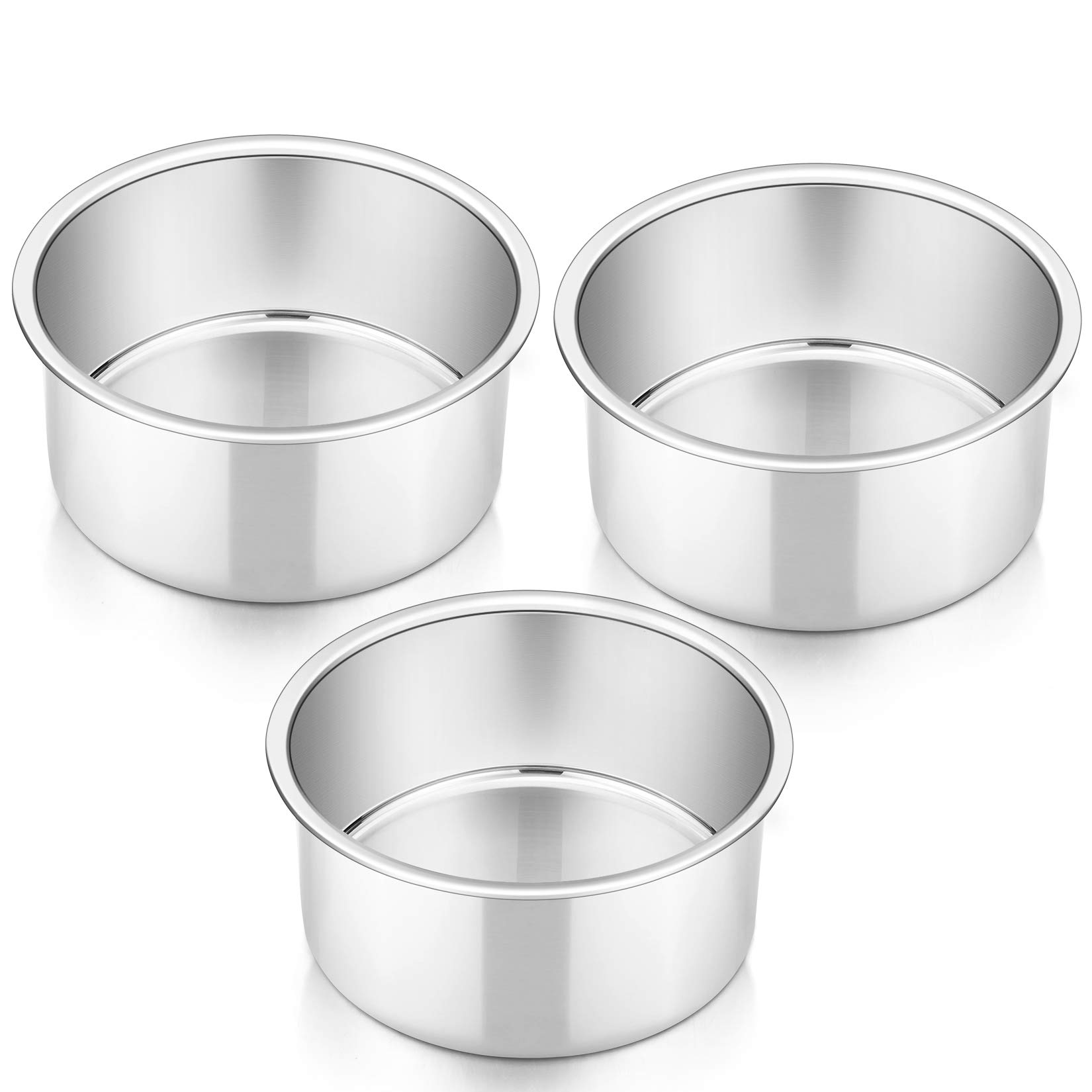 4 Inch Cake Pan Set of 3, P&P CHEF Small Stainless Steel Round Baking Layer Pans Bakeware for Mini Cake Pizza Bread, Non Toxic & Healthy, Leakproof & Easy Clean, Mirror Finish & Easy Releasing