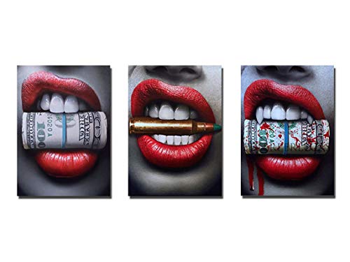 Red Lips Series: ćBiteć-Spray Painting Core Modern Fashion Sexy Red Lips Nordic Style Room Decoration Painting Wall Painting Wall Art Pictures Set of 3ļ¼11.8"X15.75"ļ¼ćNo Frameć