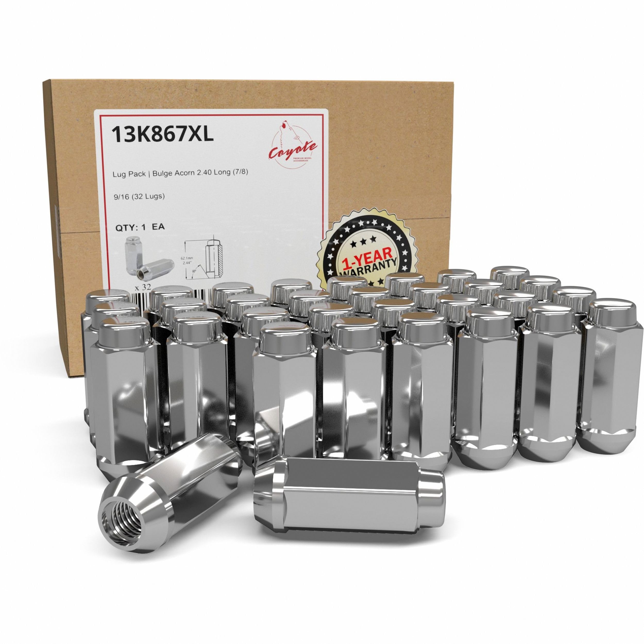 Wheel Accessories Parts 32 Pcs 9/16"-18 Thread Bulge Acorn 2.40" Long Lug Nuts Chrome 22mm 7/8" Hex Fits 1994-11 Ram 2500 3500 1975-97 Ford F250 F350 Chevrolet GMC C20 K20 K30 K35 C2500 C3500